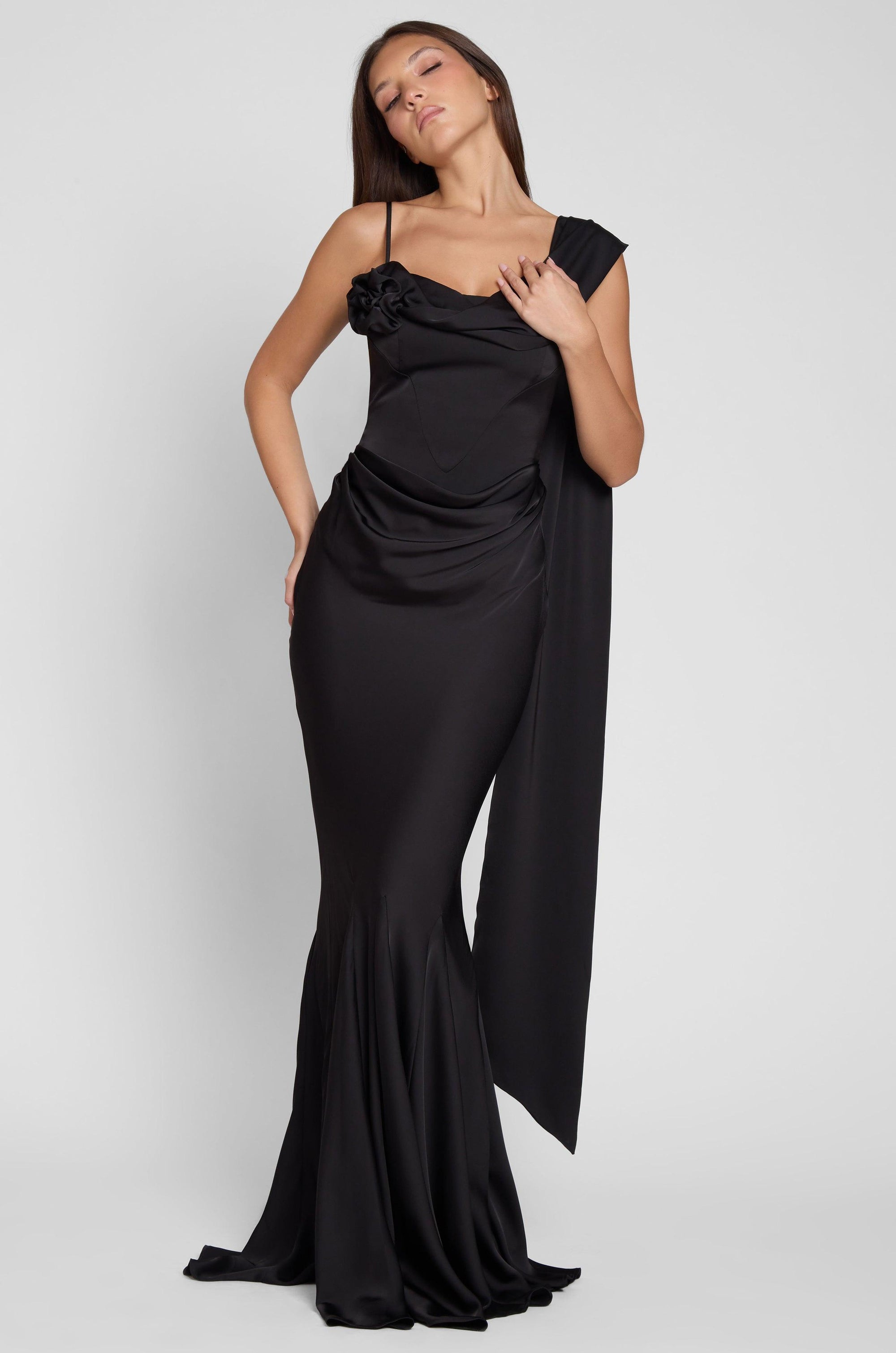 Celine Corset Drape Satin Gown - Black